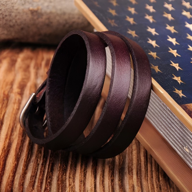 Bracelet homme en cuir véritable marron triple enroulement ZB0253